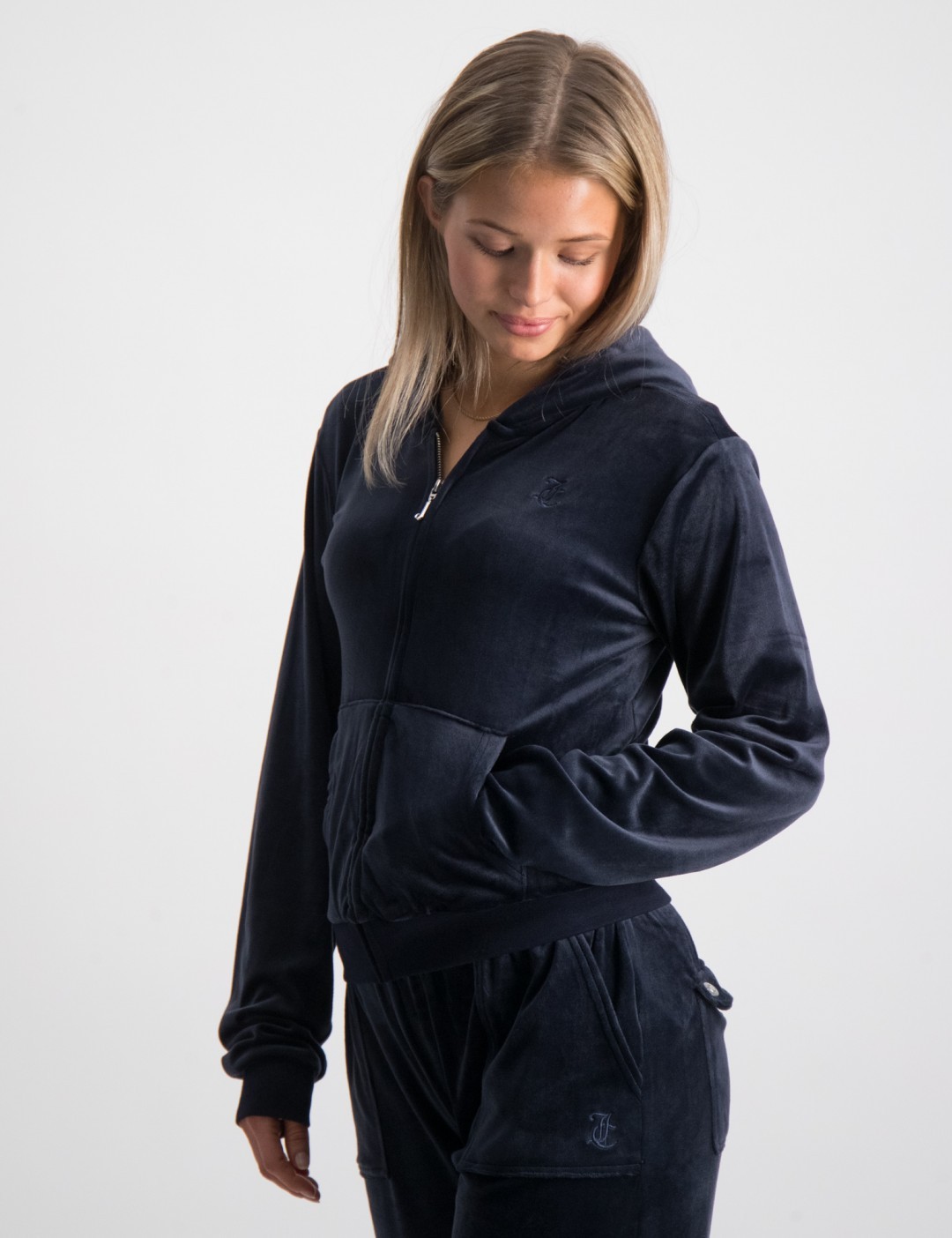 Juicy Couture Blå Tonal Embro Velour Zip Thru Hoodie för Tjej | Kids Brand Store