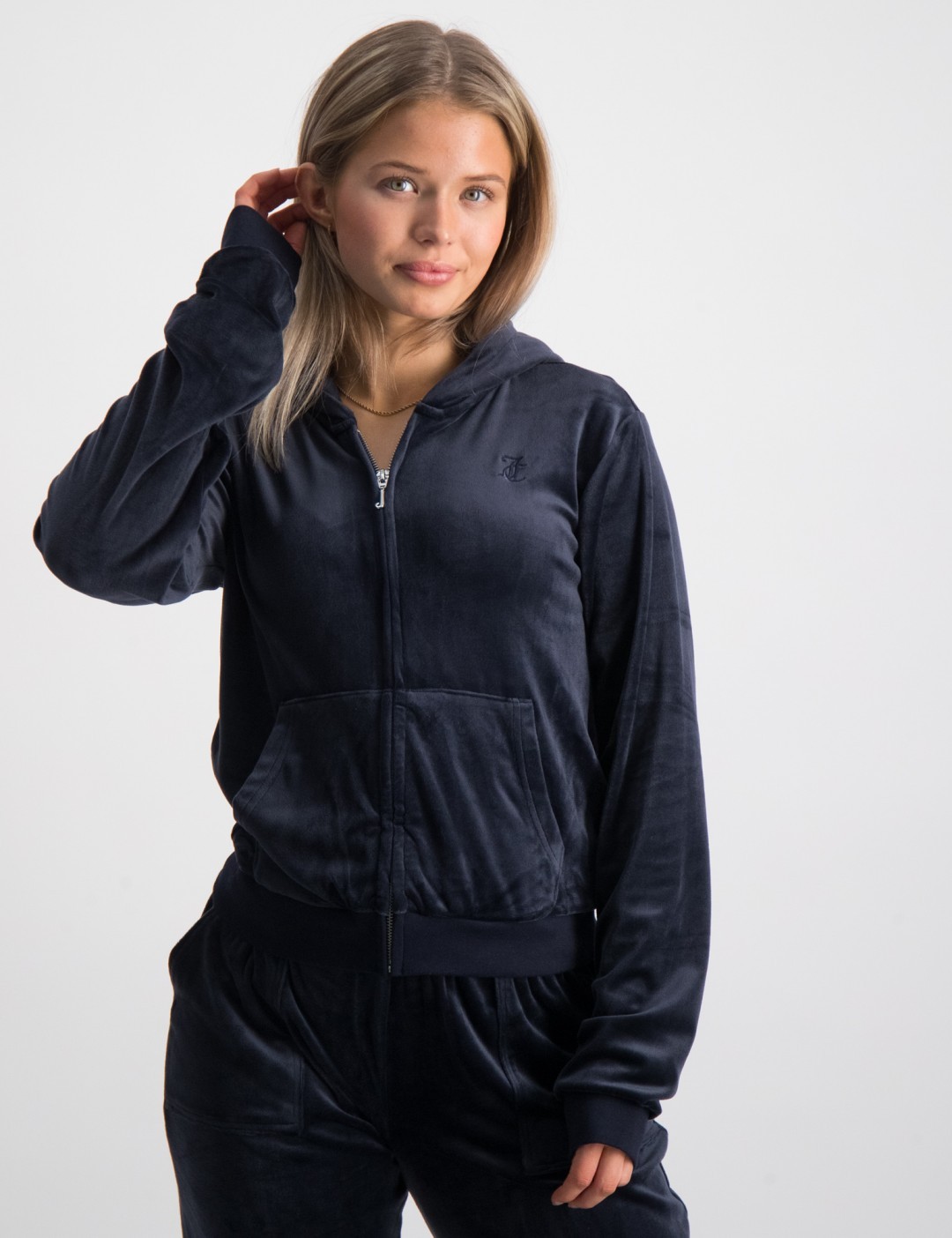Juicy Couture Blå Tonal Embro Velour Zip Thru Hoodie för Tjej | Kids Brand Store