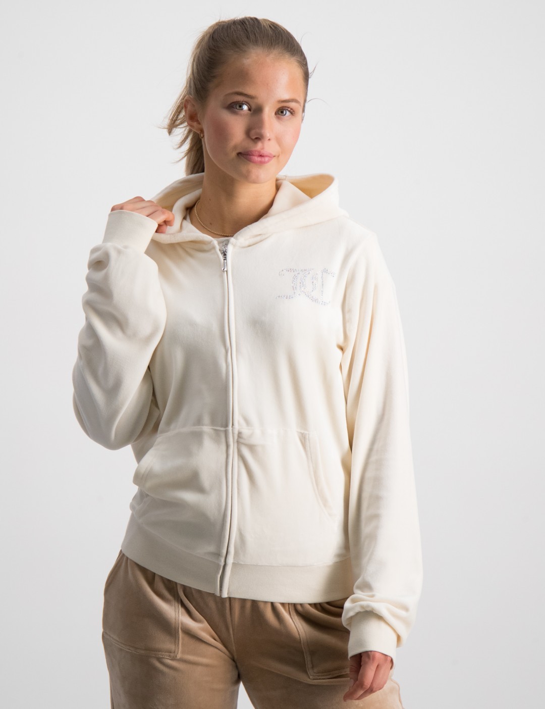 Vit Diamante Velour Zip Thru Hoodie för Tjej | Kids Brand Store