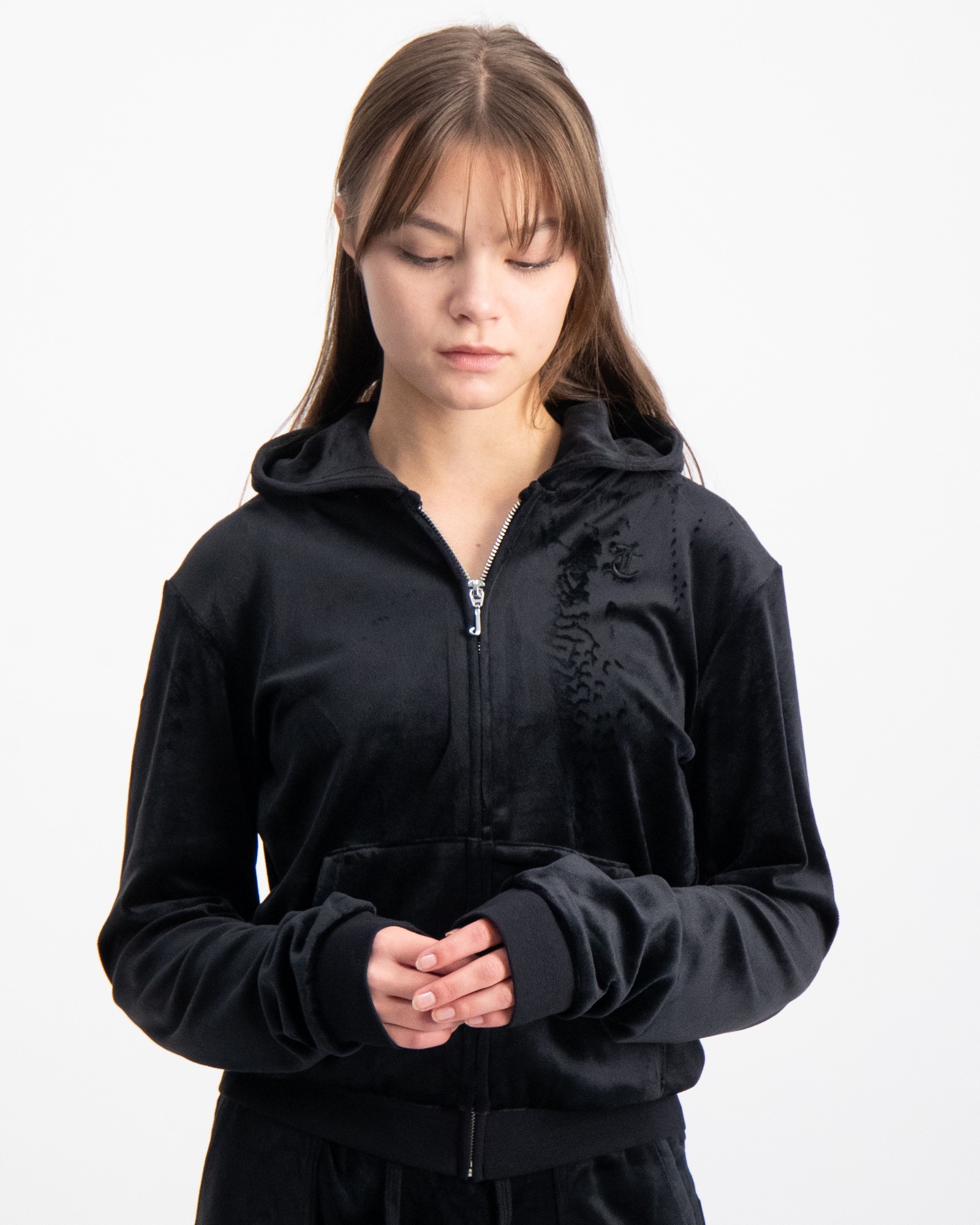 Juicy Couture Svart Tonal Embro Velour Zip Thru Hoodie för Tjej | Kids Brand Store